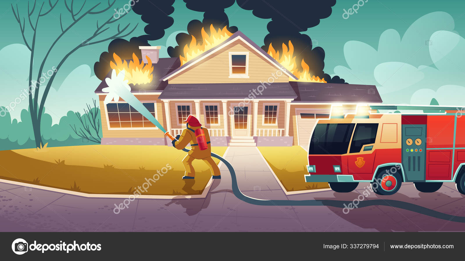Bombero apagar fuego en casa vector, gráfico vectorial © klyaksun imagen #337279794