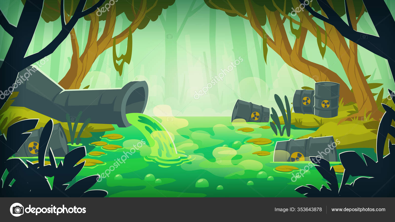 Pantano tóxico contaminado por aguas residuales y basura Vector de ...
