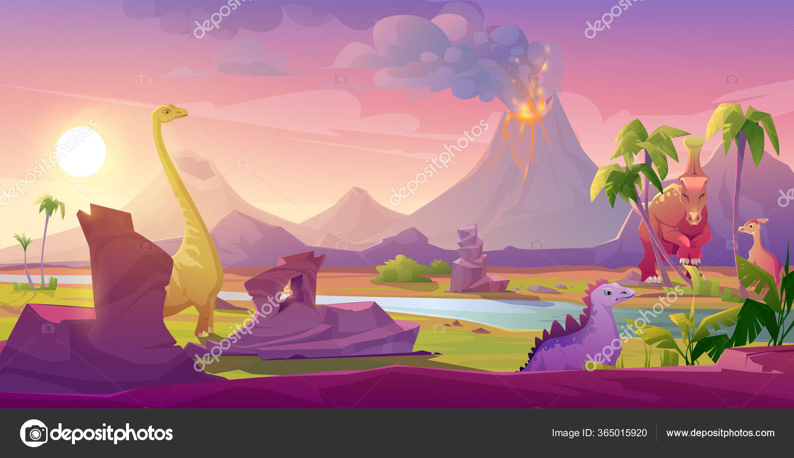 Dinosaurs at erupting volcano tropical landscape Stock Vector Image by ...