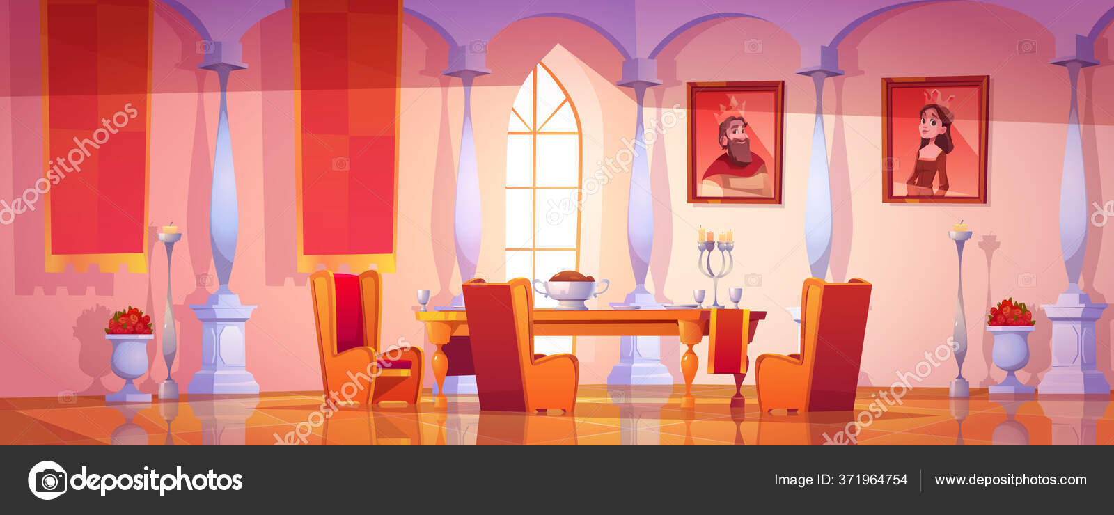 Comedor interior en castillo real medieval Vector de stock #371964754 ...