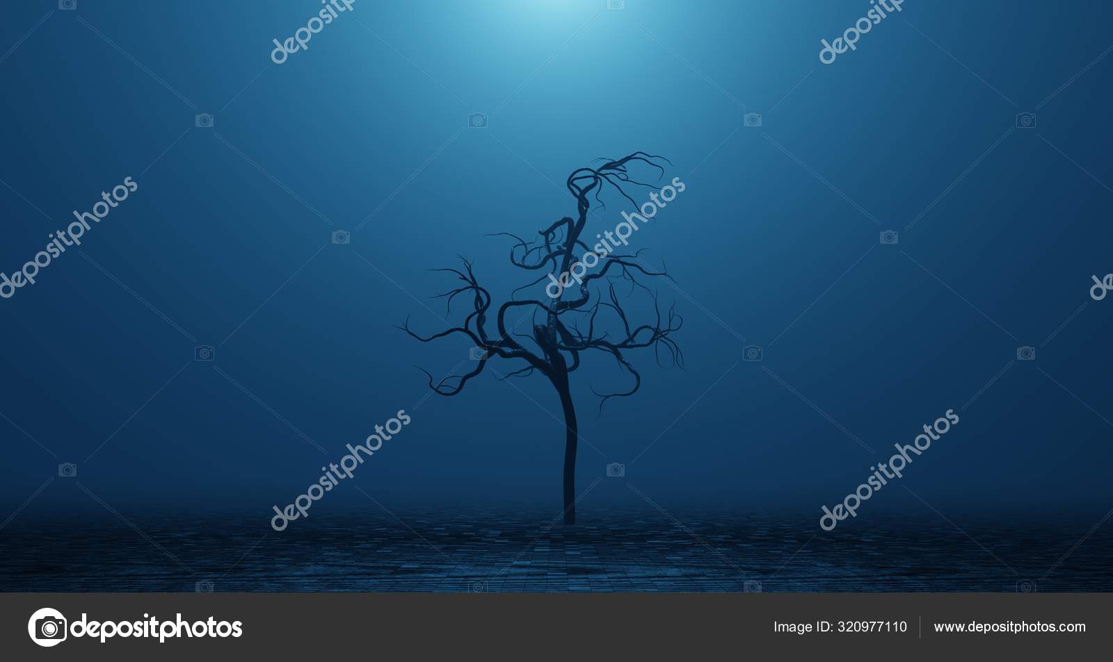 Withered, dead, crooked tree. Surreal blue smoke, fog. Abstract concept ...