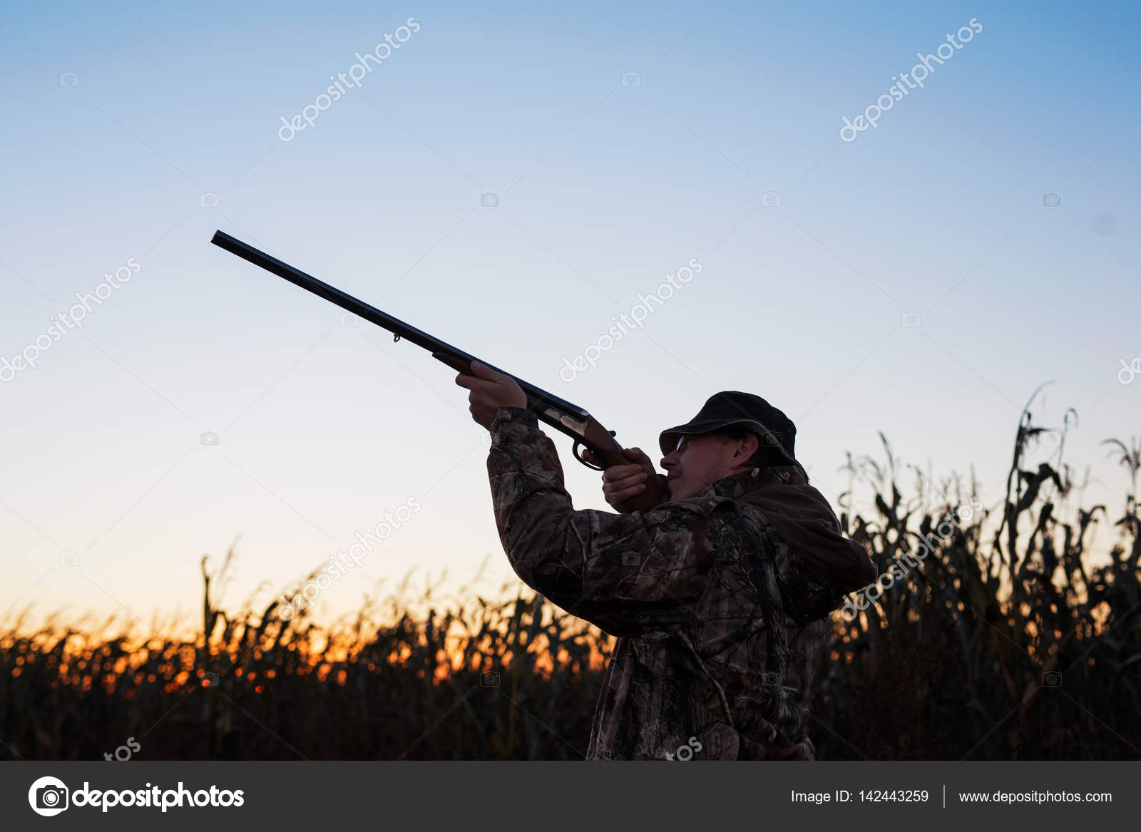 Hunter aiming at ducks at sunset — Stock Photo © grinvalds #142443259