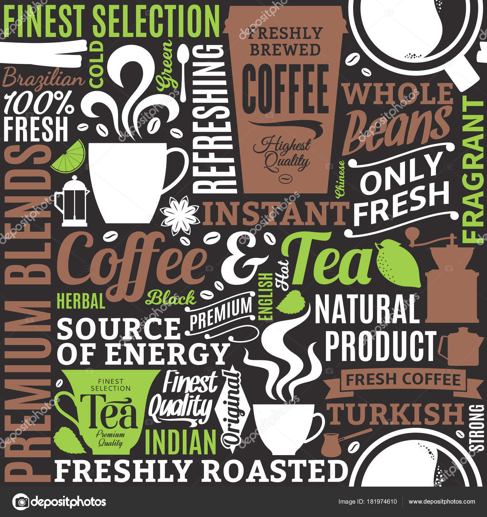 Typographic vector coffee and tea seamless pattern or background Stock ...