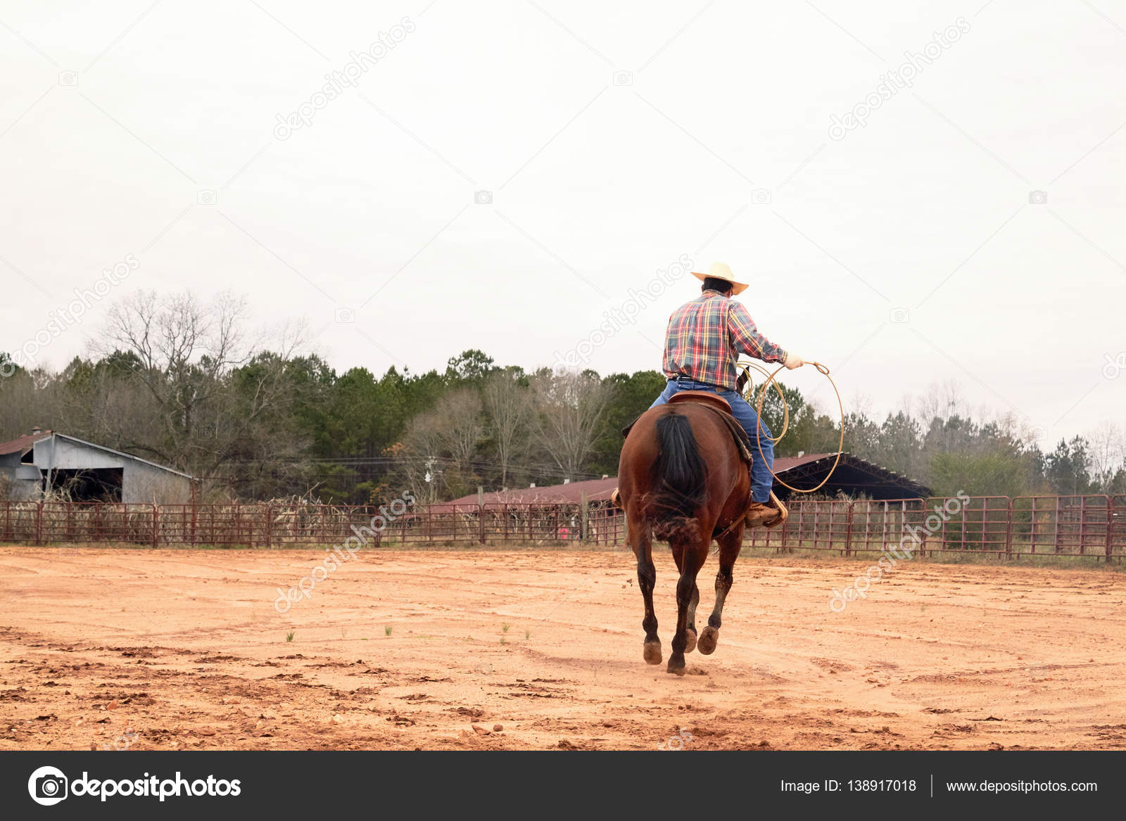 Cowboy riding and galloping on horse, throwing lasso in ranch Stock ...