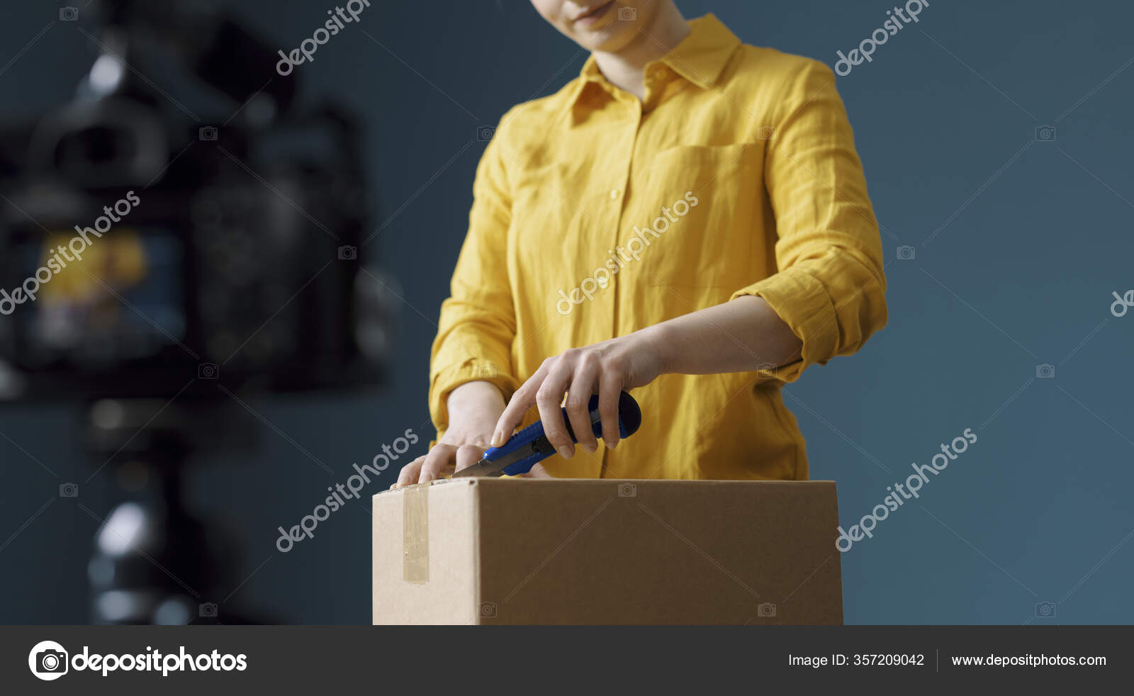 Vlogger Making Unboxing Video Her Channel She Opening Delivery Box ...