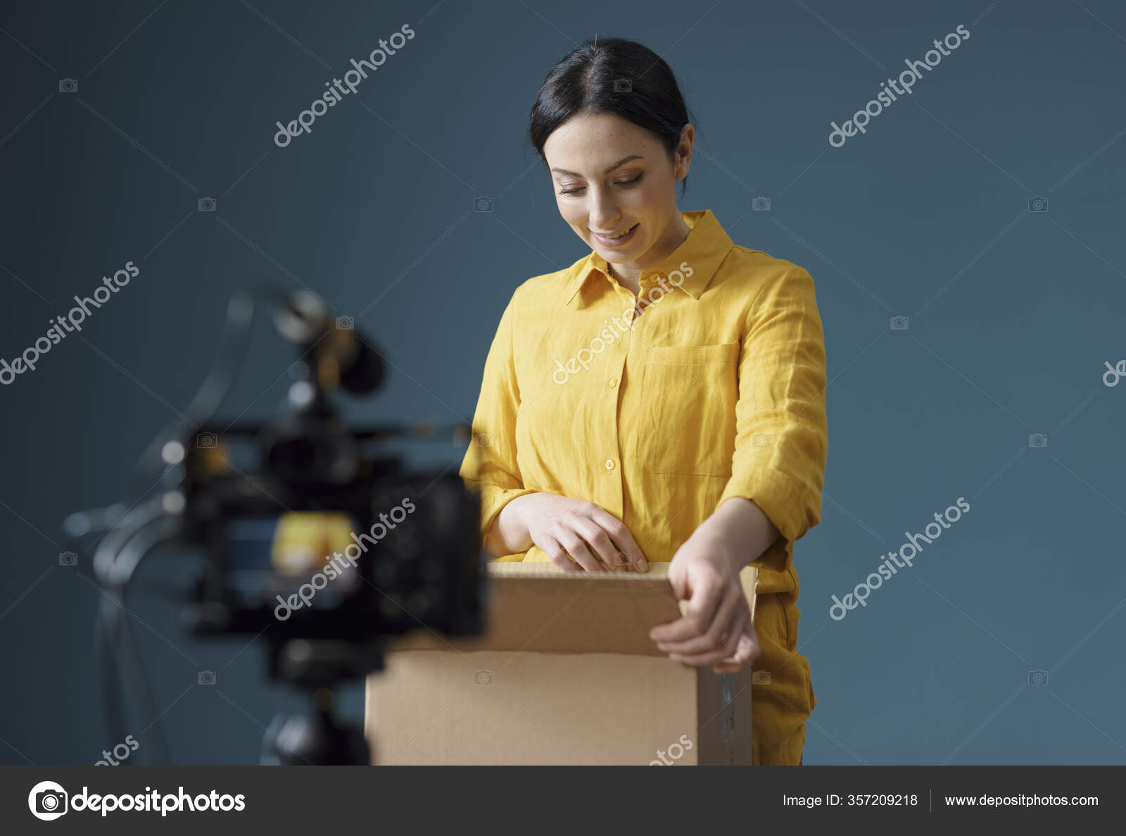 Vlogger Making Unboxing Video Her Channel She Opening Delivery Box ...