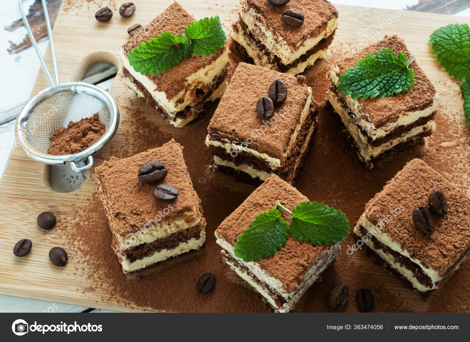 Pieces Tiramisu Cake Delicate Cream Coffee Beans Mint Leaves — Stock ...