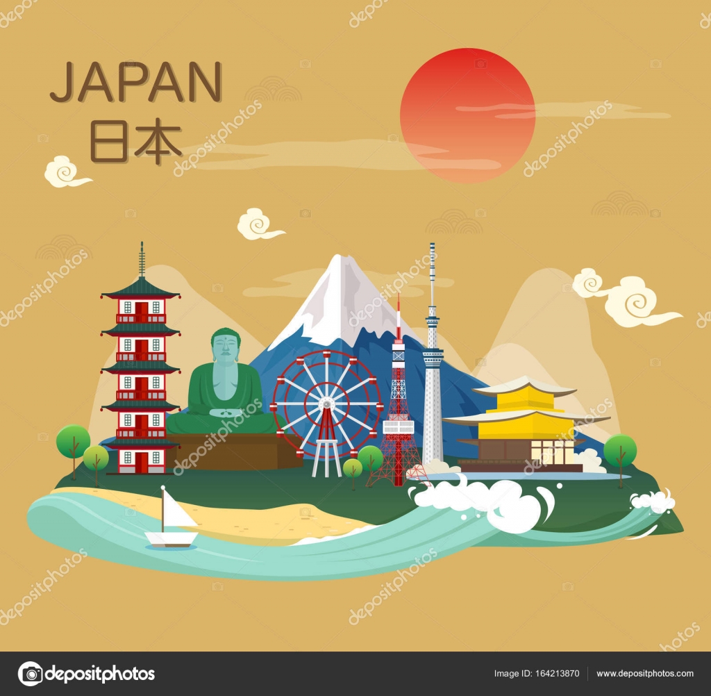 Japanese famous landmarks and tourist attractions in Japan illus ...