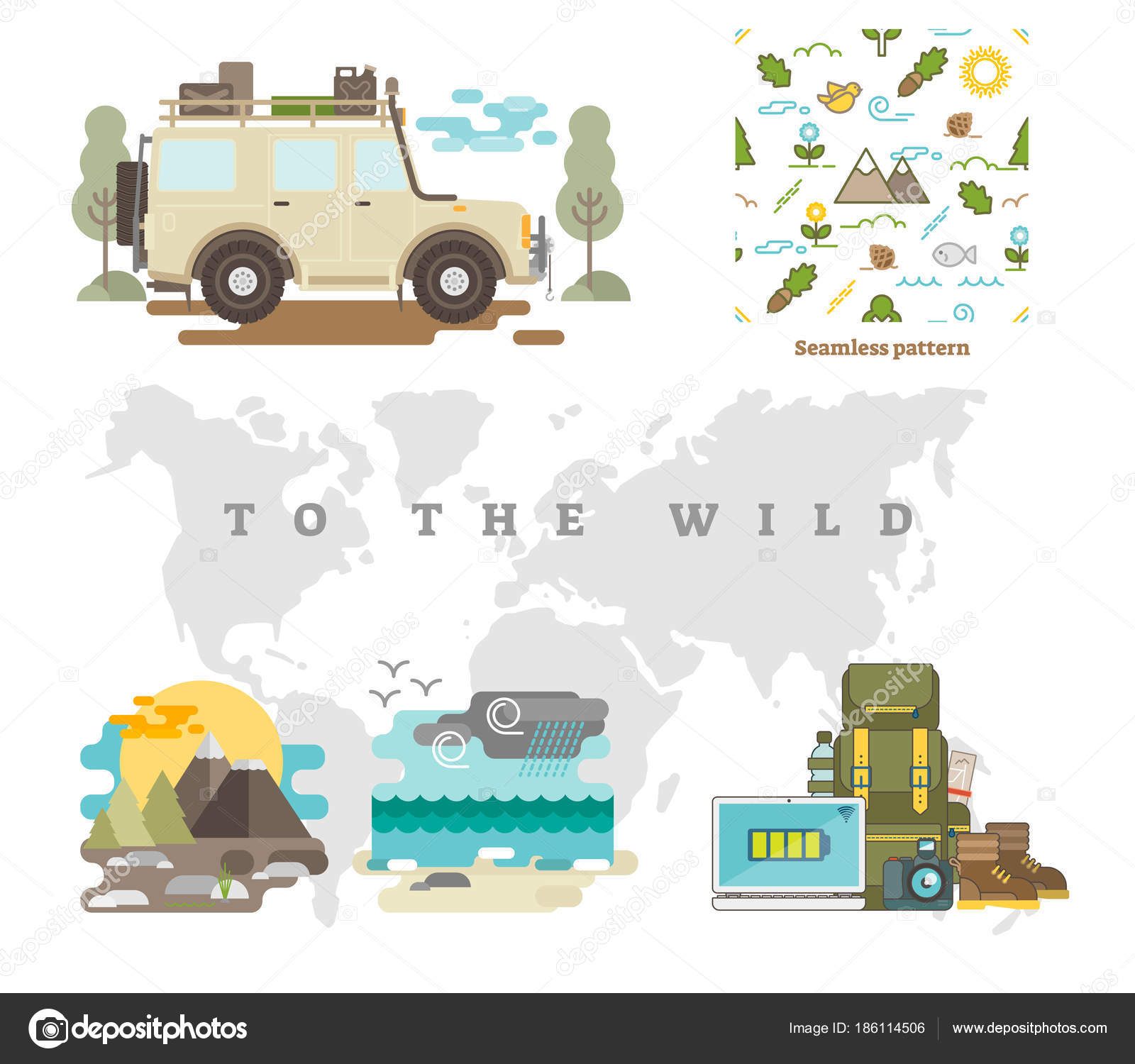 To the wild vector illustration set with off road jeep, seamless ...