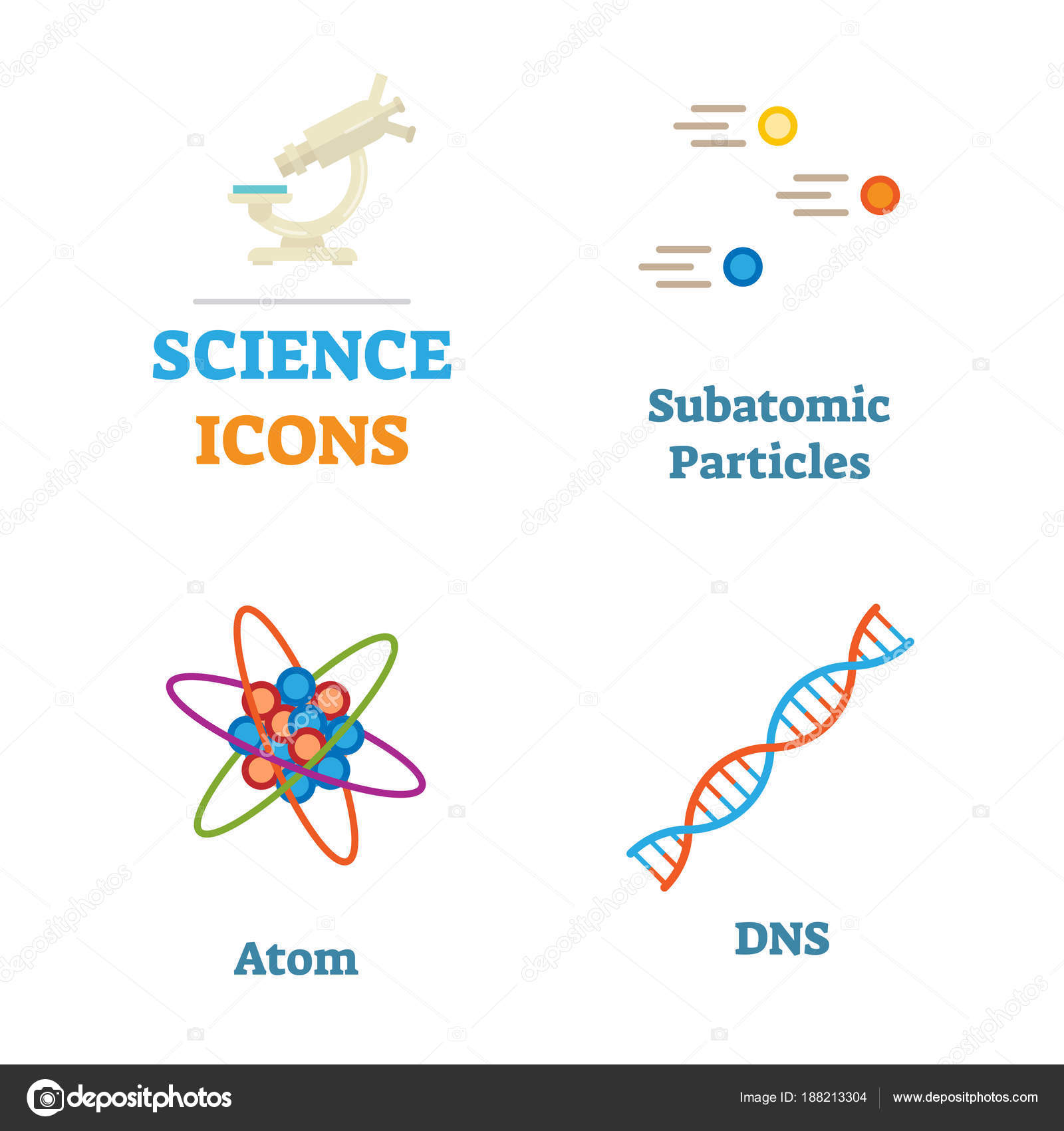Science icons vector illustration set with subatomic particles, atom ...