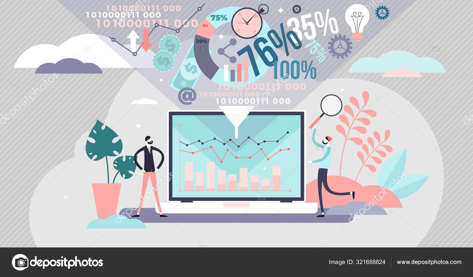 Data filter vector illustration. Info analysis in flat tiny person ...
