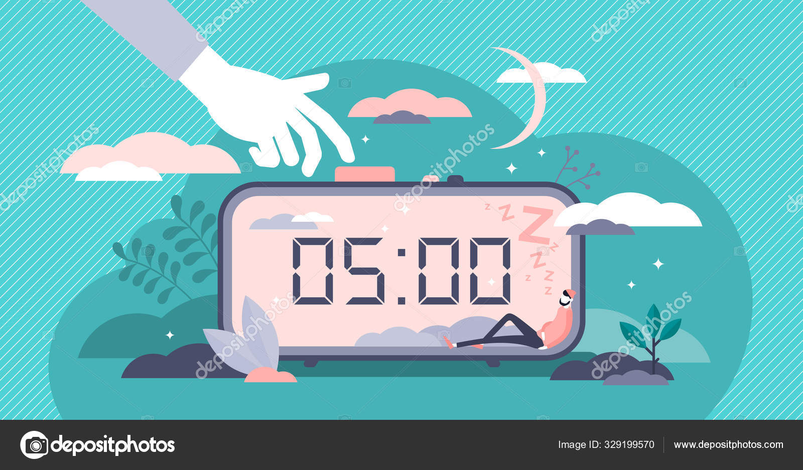 Snooze vector illustration. Work or sleep postpone in tiny persons ...