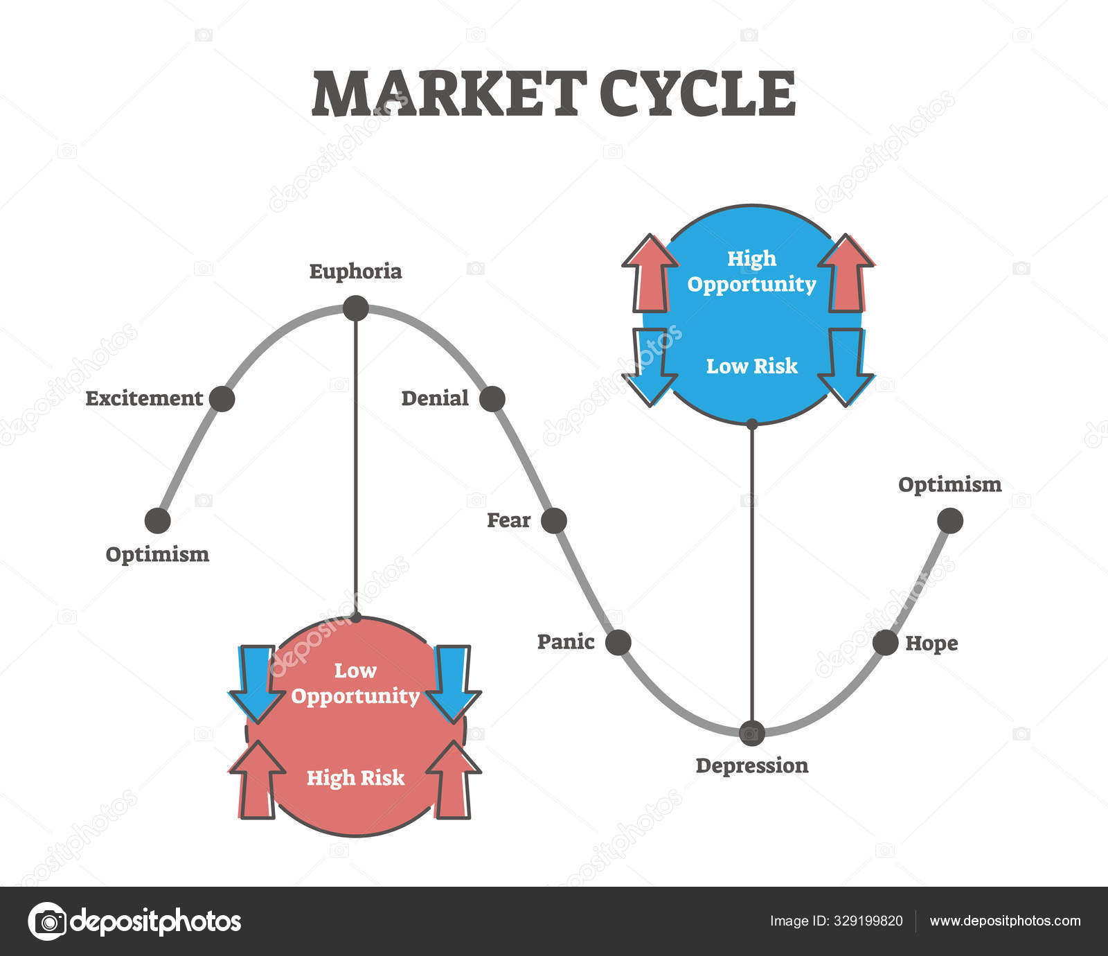 Illustrazione vettoriale del ciclo di mercato. Schema etichettato nel ...