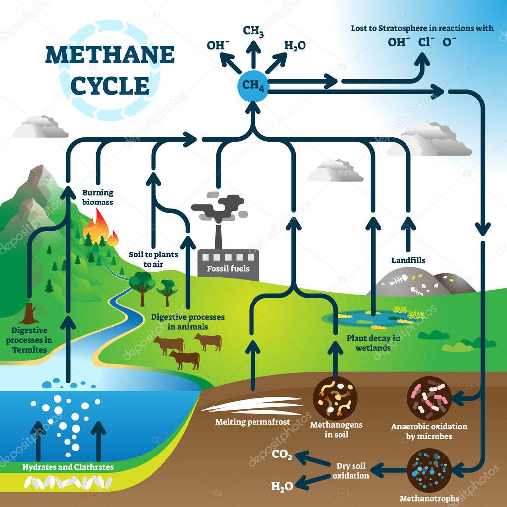 Methane cycle diagram, global pollution process vector illustration ... Methane cycle diagram, global pollution process vector illustration ...