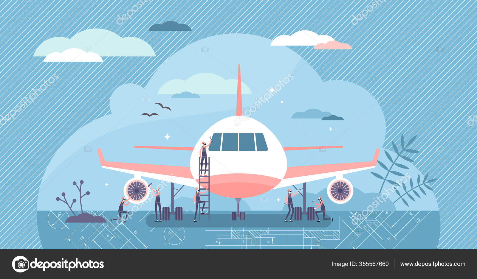 Aerospace engineer vector illustration. Maintenance in tiny persons ...