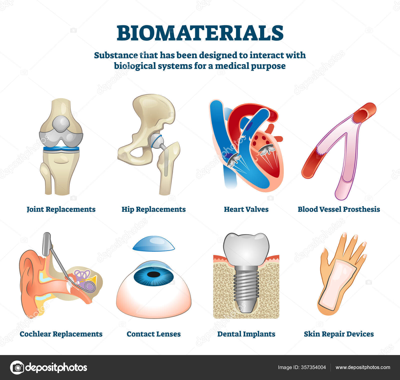 Biomaterials vector illustration. Labeled organ replacement collection ...