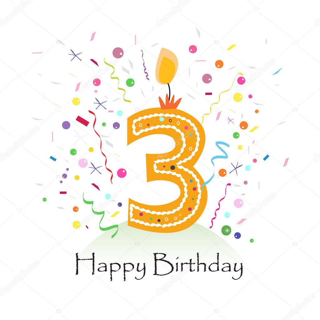 Happy third birthday candle vector with colorful confetti and balloons ...