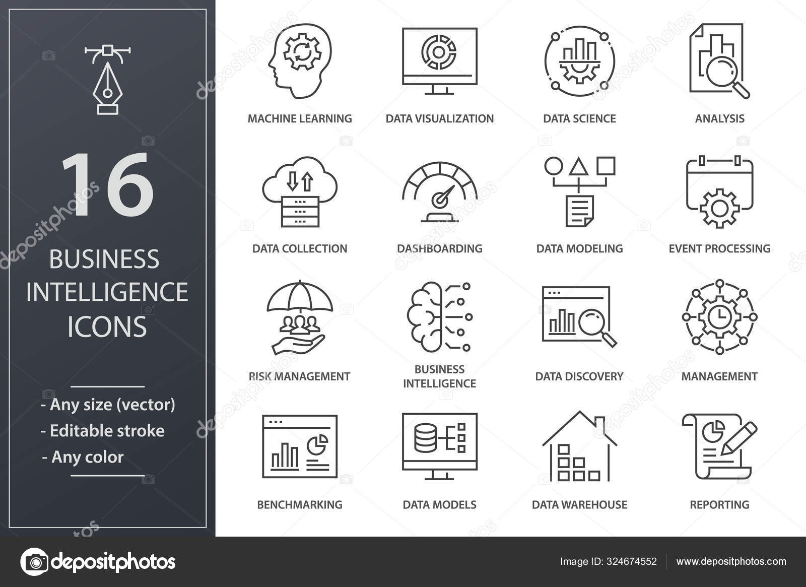 Business Intelligence line icons set. Black vector illustration ...