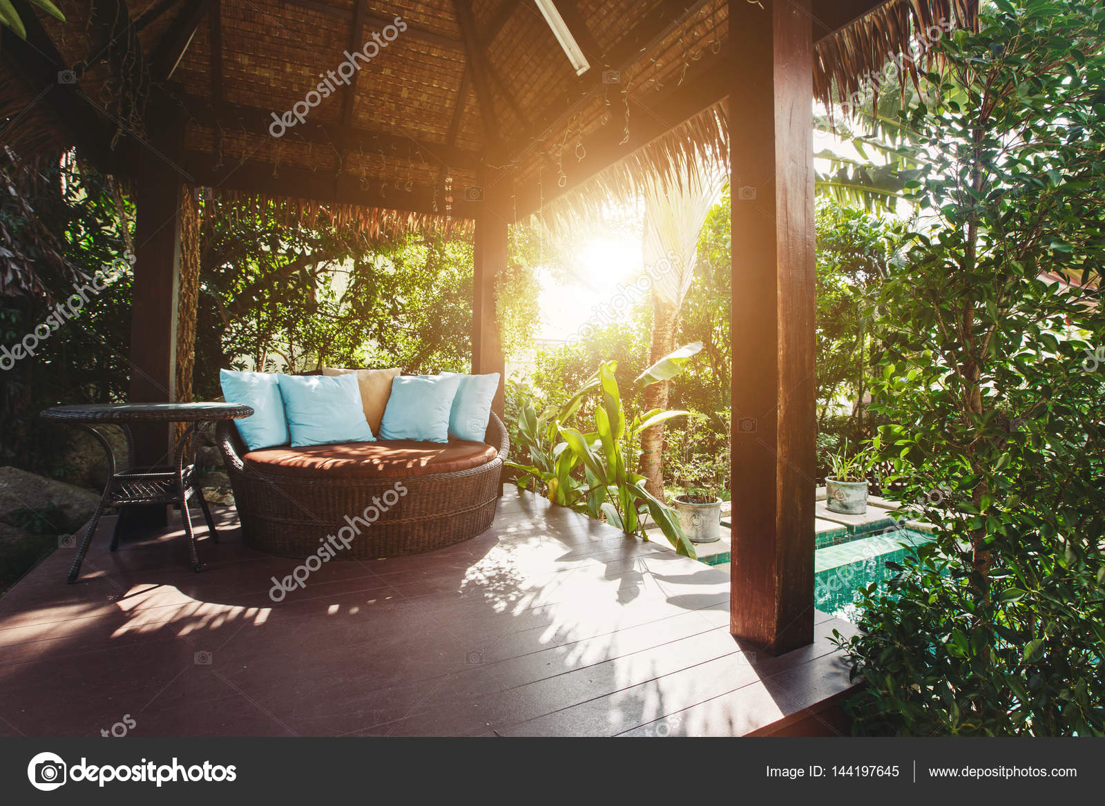 Cozy luxury gazebo chair — Stock Photo © AnnaTamila #144197645