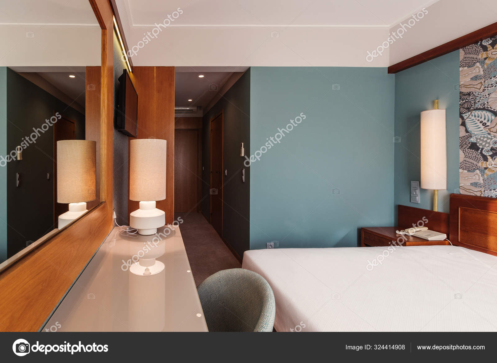 Small Hotel Room Interior Blue Colours Wall Wooden Elements Design ...