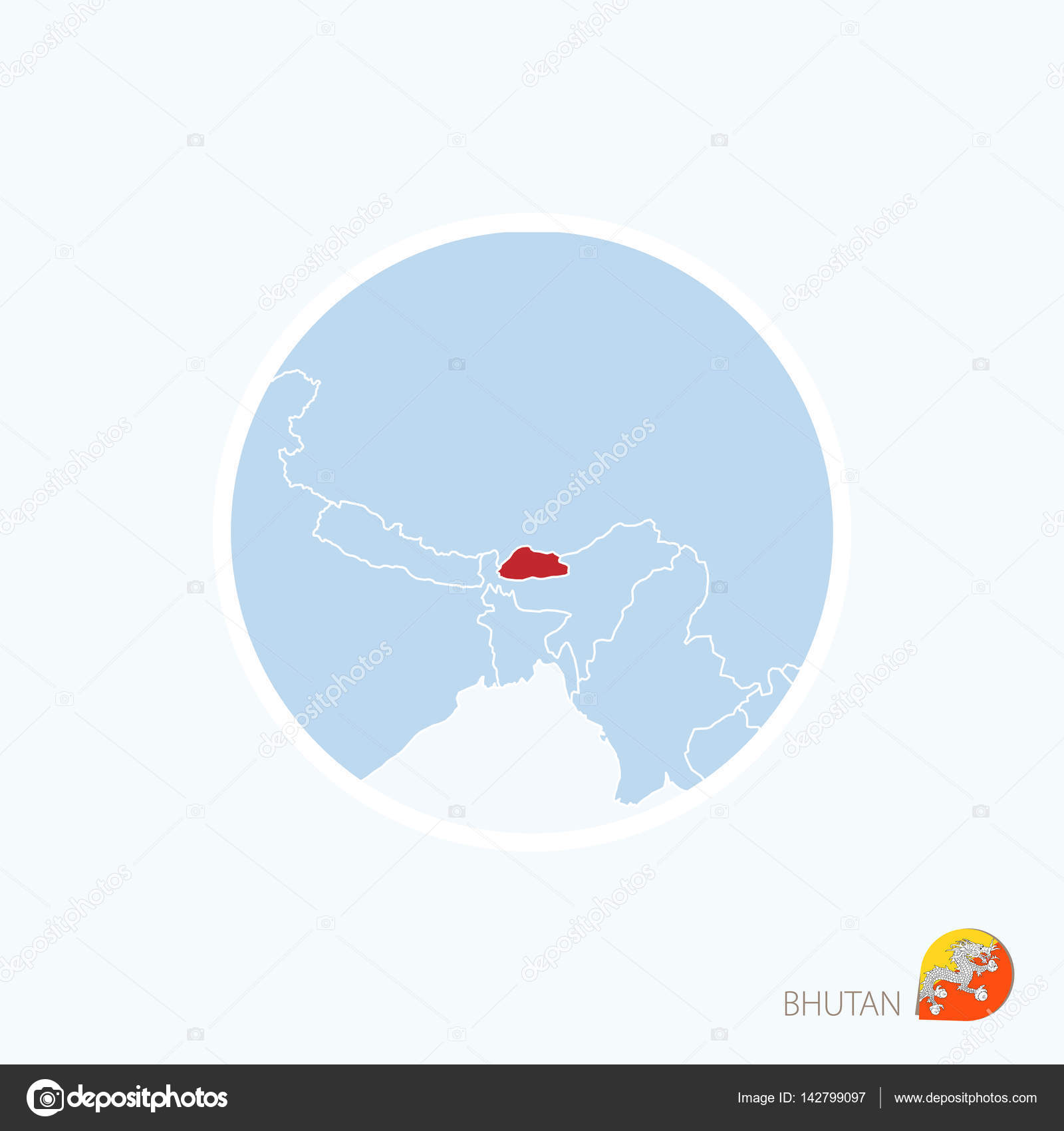 Icono de mapa de Bután. Mapa azul del sur de Asia con Bután resaltado ...