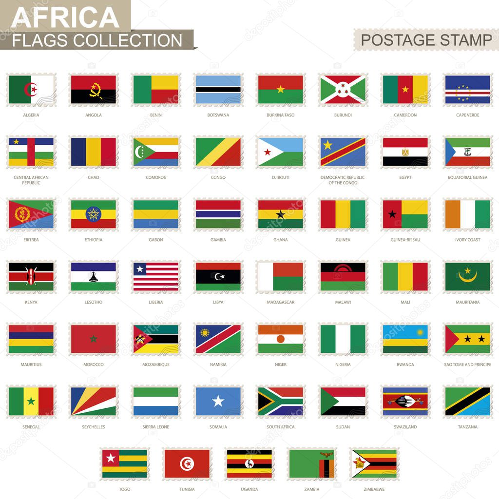 Sello postal con banderas de frica. Set de 53 Bandera Africana. 2024