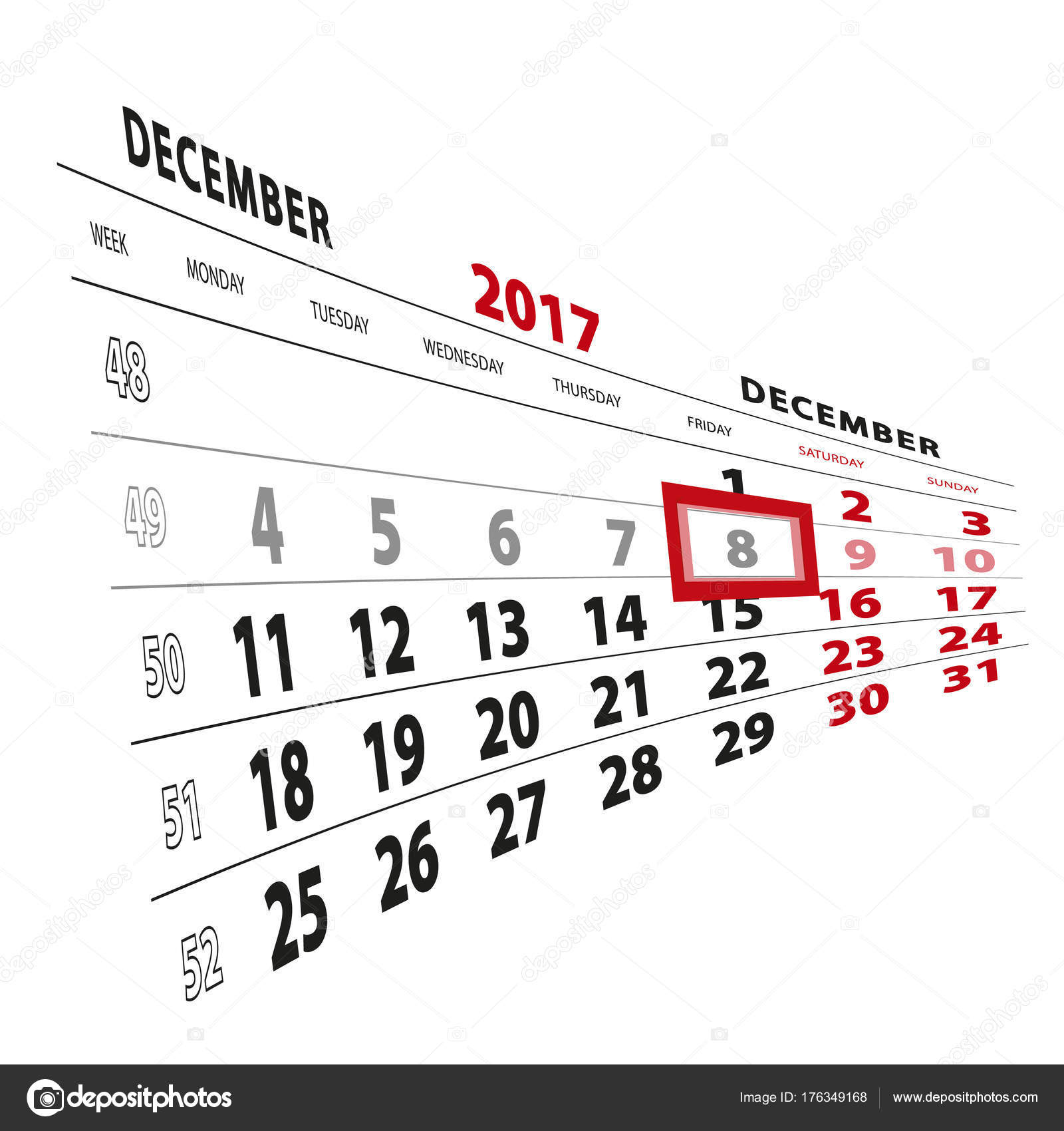 8 December highlighted on calendar 2017. Week starts from Monday Stock ...