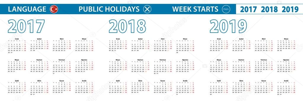 Plantilla de calendario simple en turco para 2017, 2018, 2019 años. 2024 Plantilla de calendario simple en turco para 2017, 2018, 2019 años. 2024