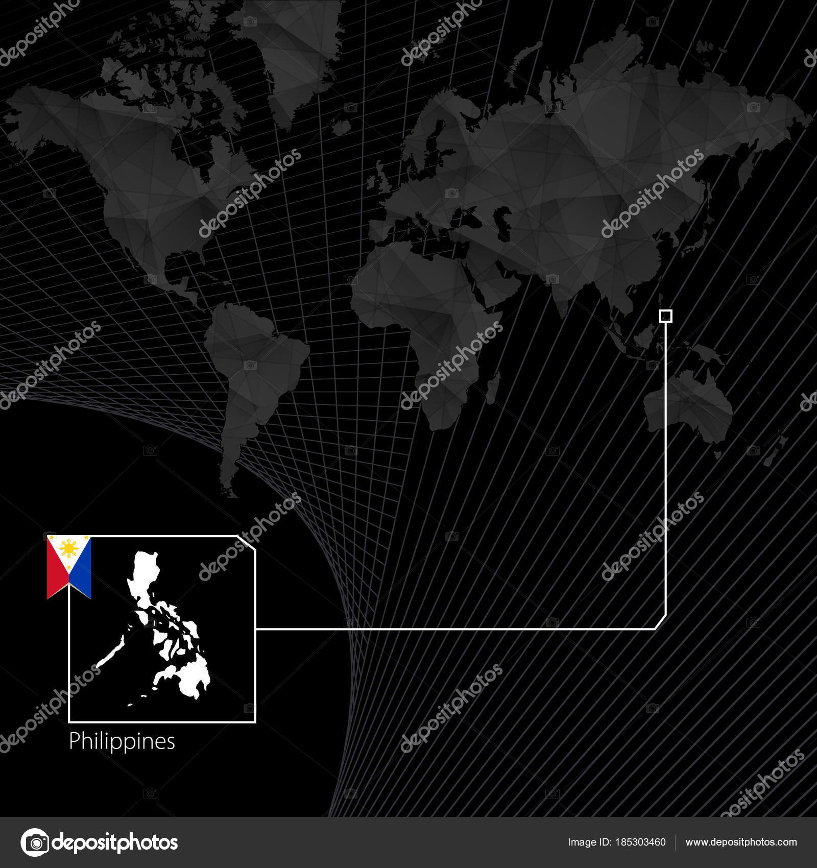 Philippines on black World Map. Map and flag of Philippines. Stock ...