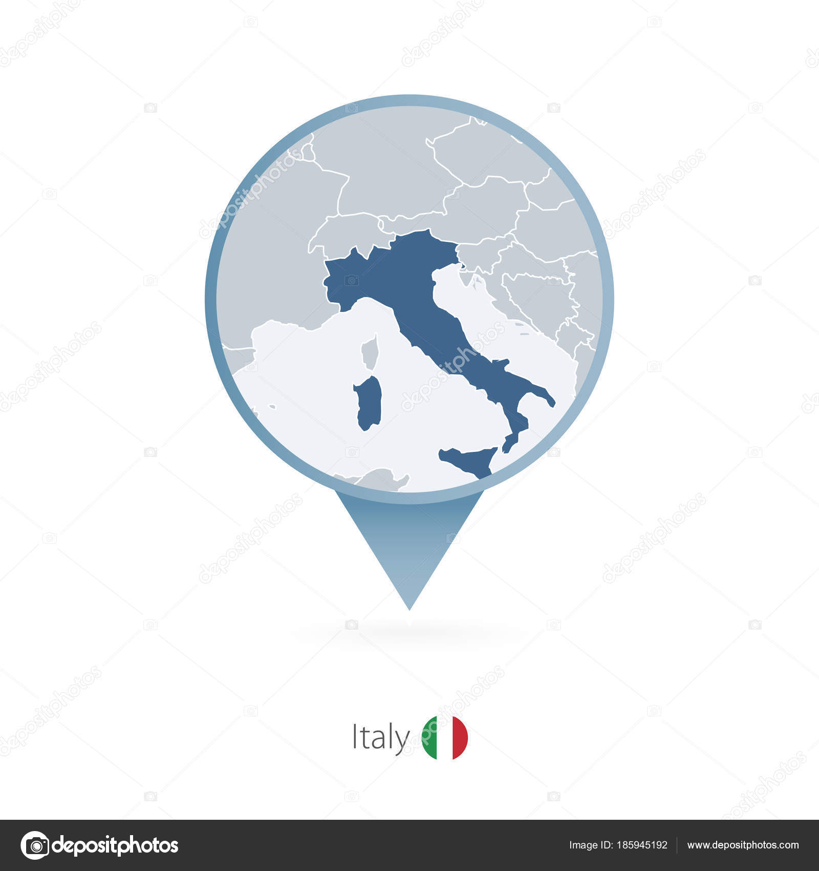 Map pin with detailed map of Italy and neighboring countries. Stock ...