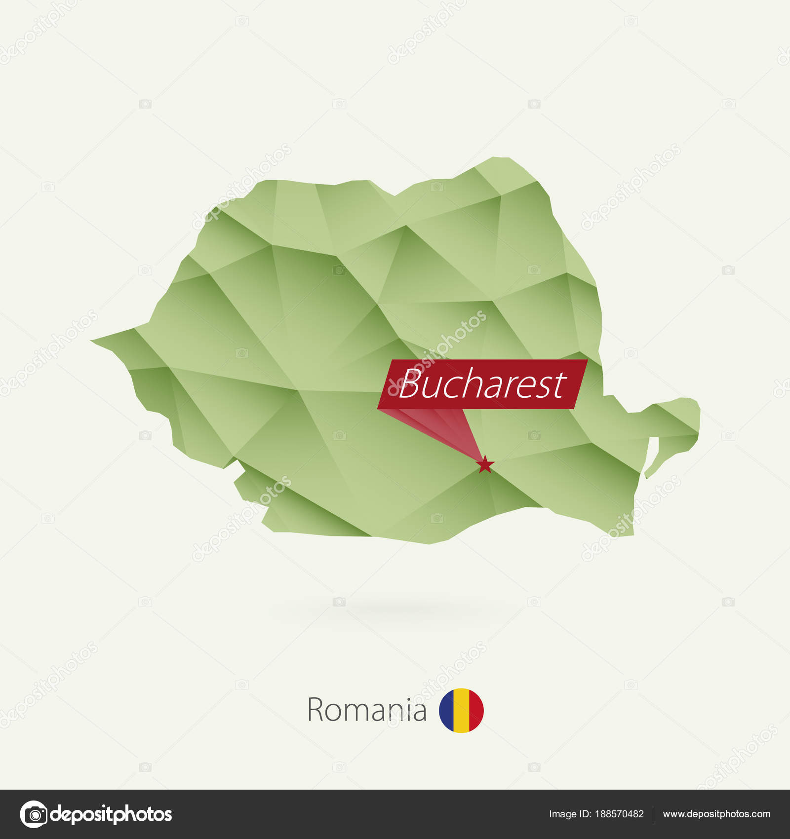 Green gradient low poly map of Romania with capital Bucharest Stock ...