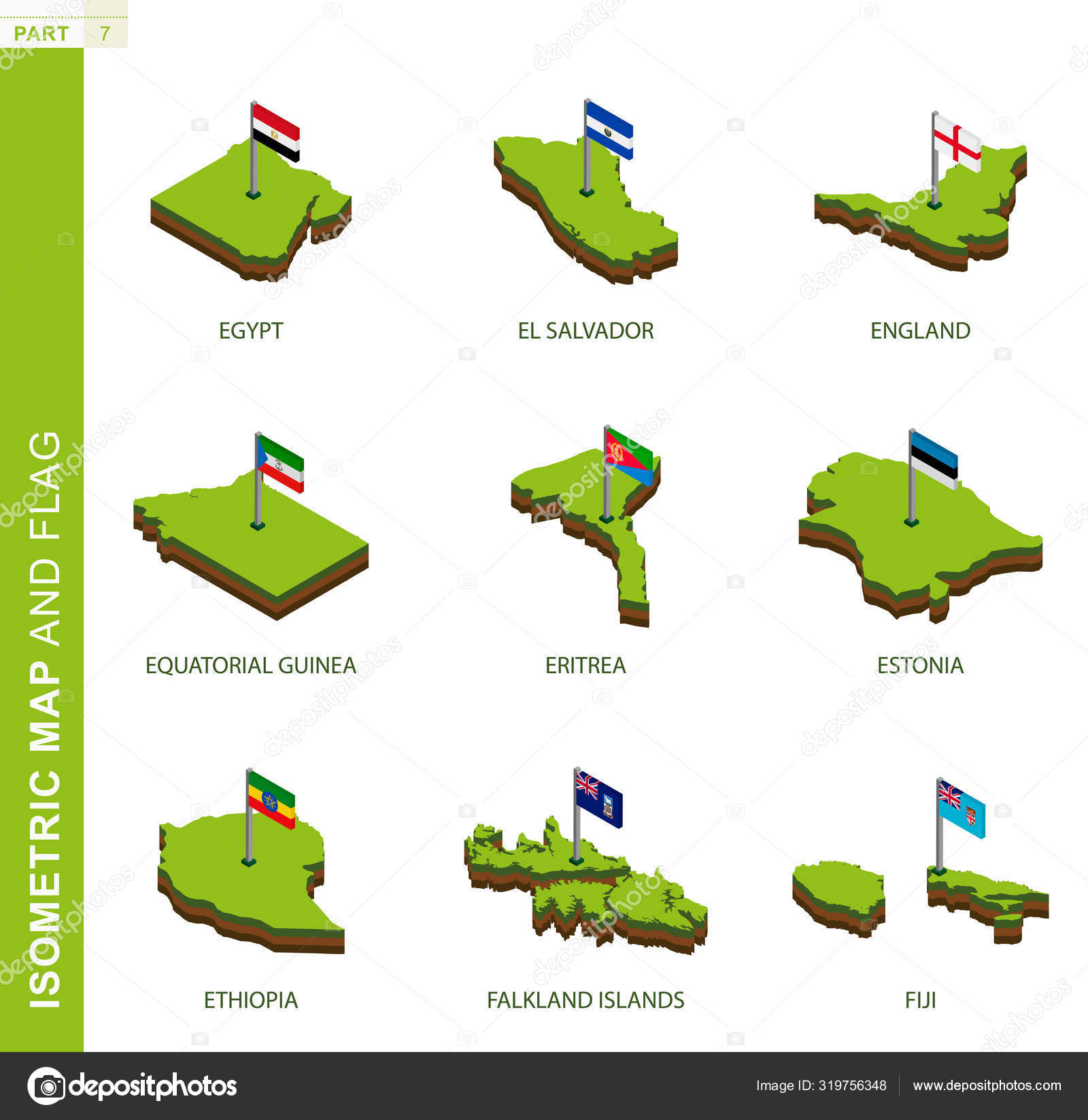 Set of 9 isometric map and flag, 3D vector isometric shape. Stock ...