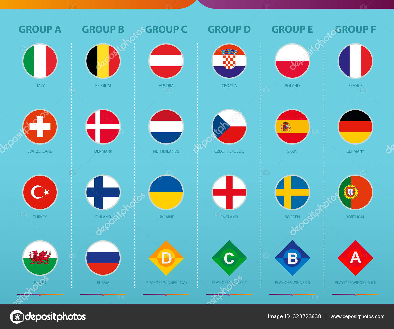 Flags of football tournament sorted by group on turquoise background ...