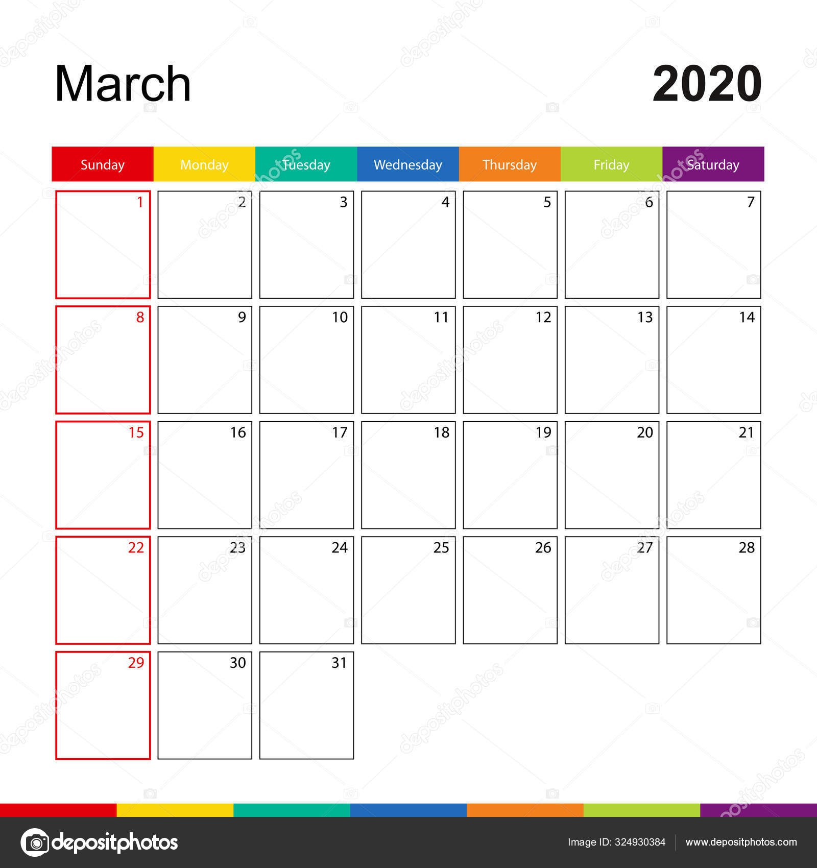 March 2020 colorful wall calendar, week starts on Sunday. Stock Vector ...