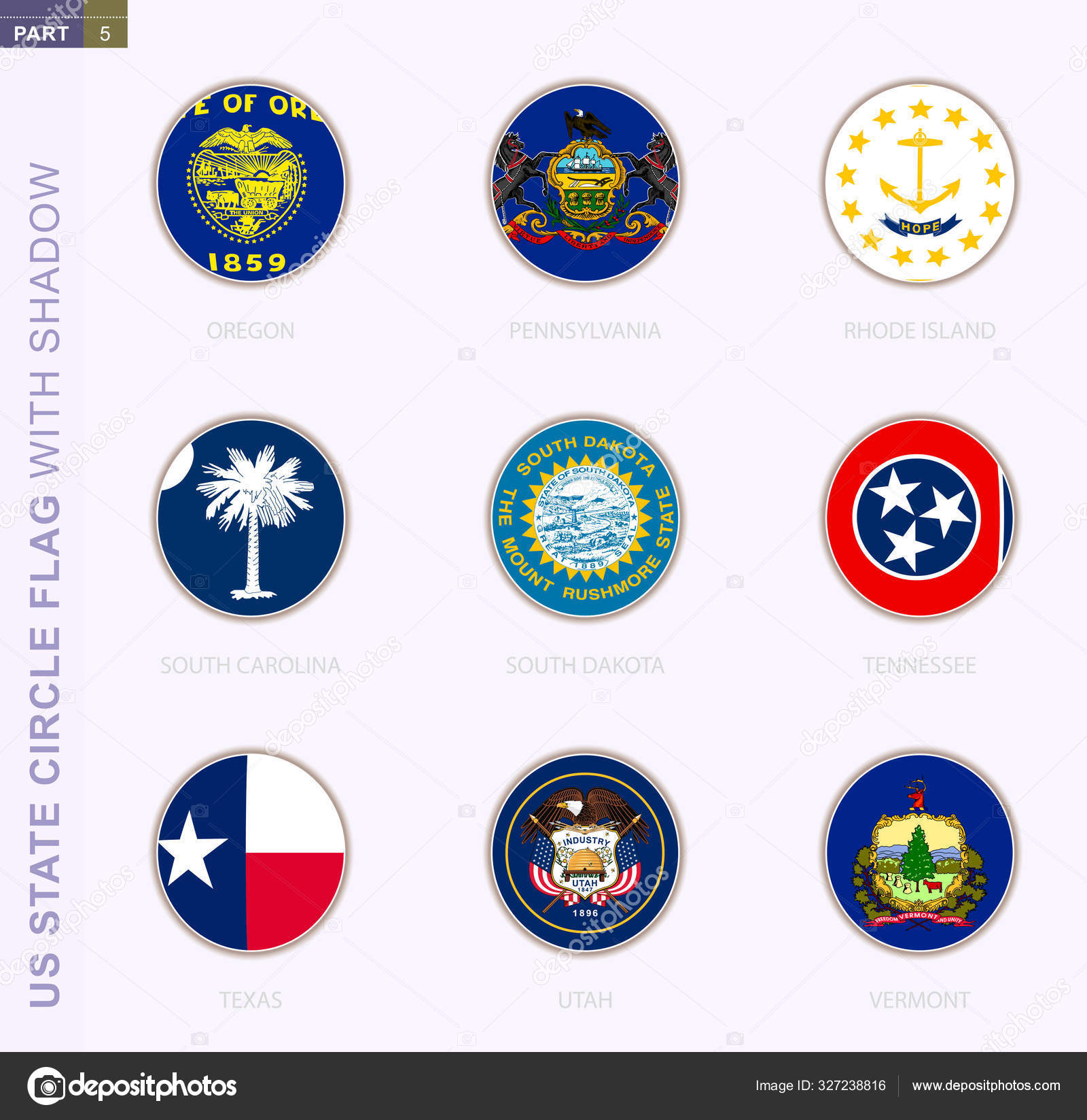 US state circle flag with shadow, collection of nine round flag. Stock ...