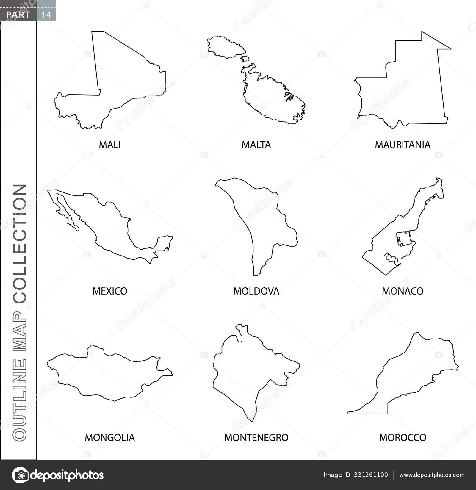 Outline maps collection, nine black lined vector map Stock Vector Image ...