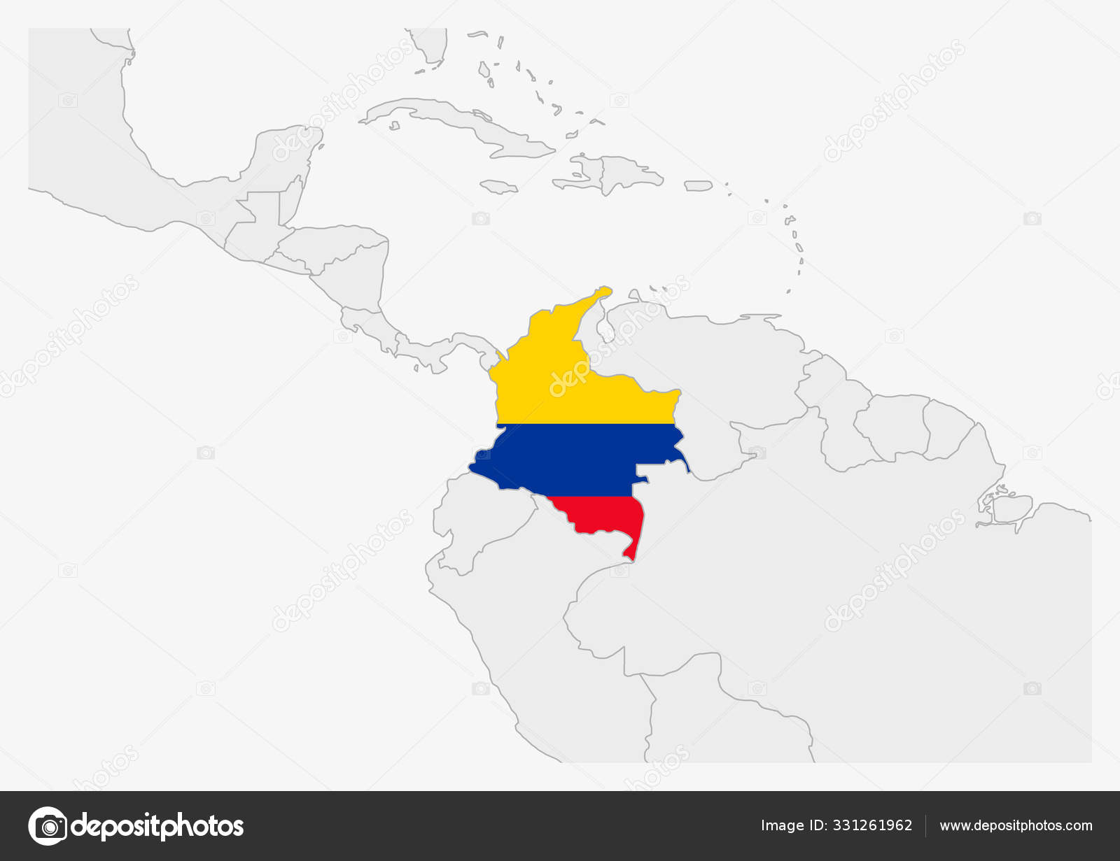 Colombia map highlighted in Colombia flag colors 스톡 벡터 - ©boldg 331261962