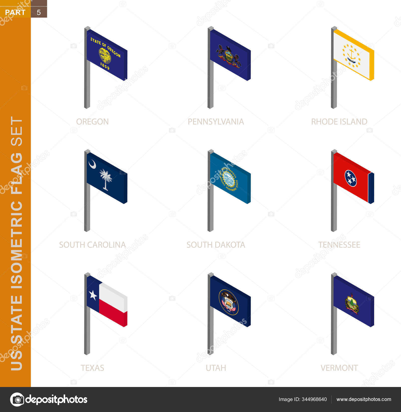 US state Isometric flag set, Flagpole in Isometric dimension. Stock ...
