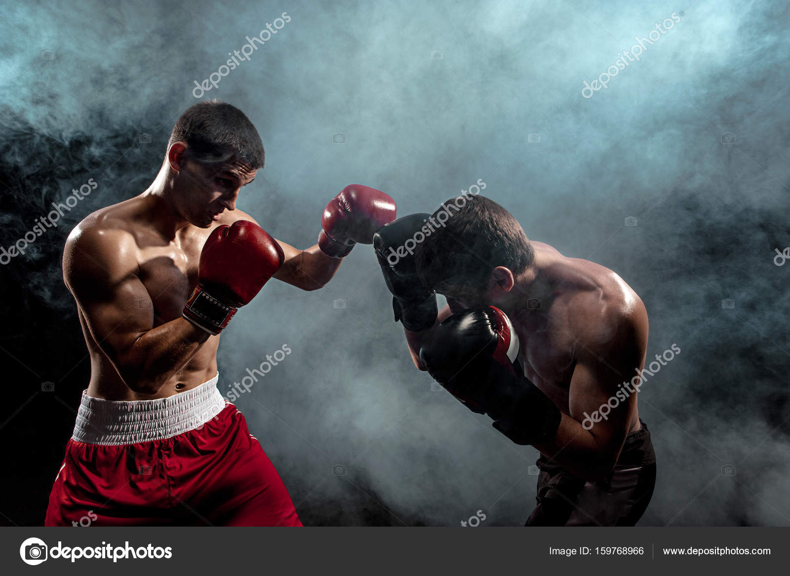 Two professional boxer boxing on black smoky background, Stock Photo by ...