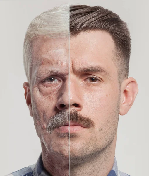 Collage of two portraits of the same old man and young man. Face ...