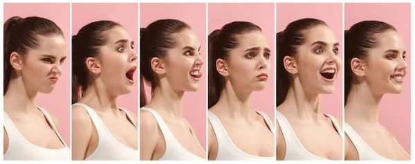 The collage of happy human facial expressions, emotions and feelings of ...