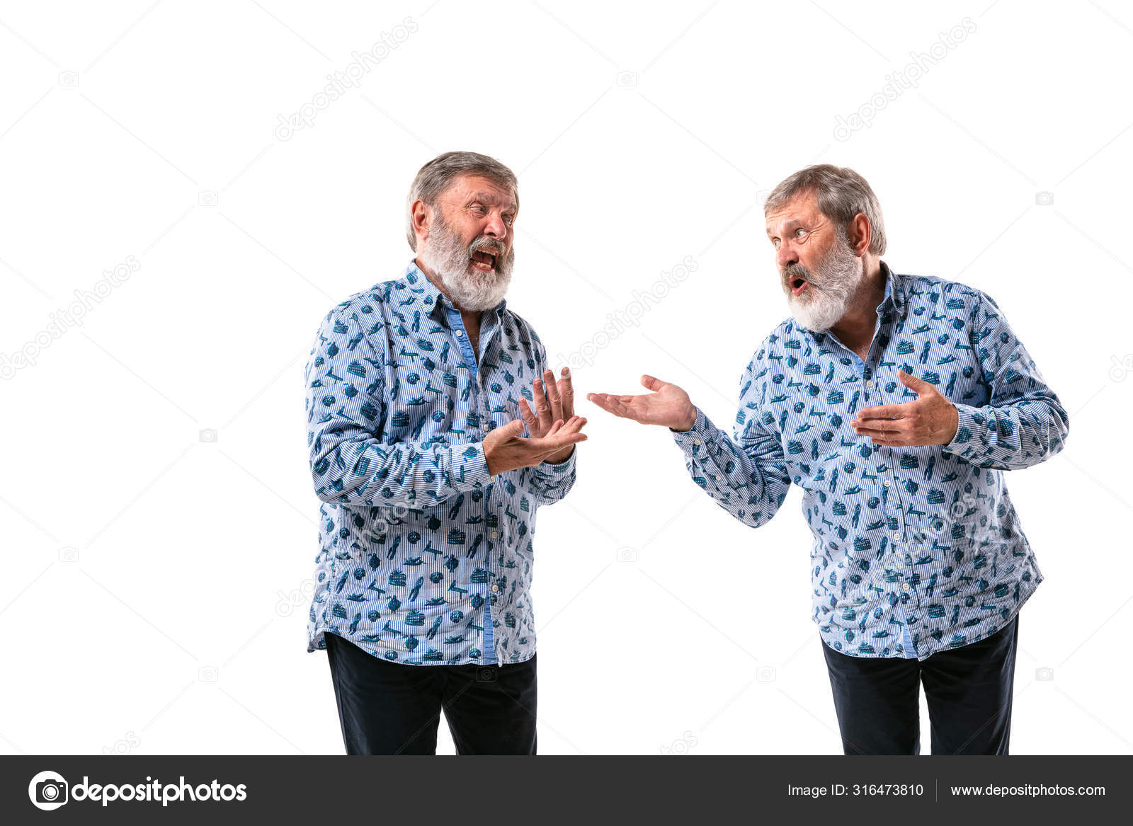 Senior man arguing with himself on white studio background. — Stock ...
