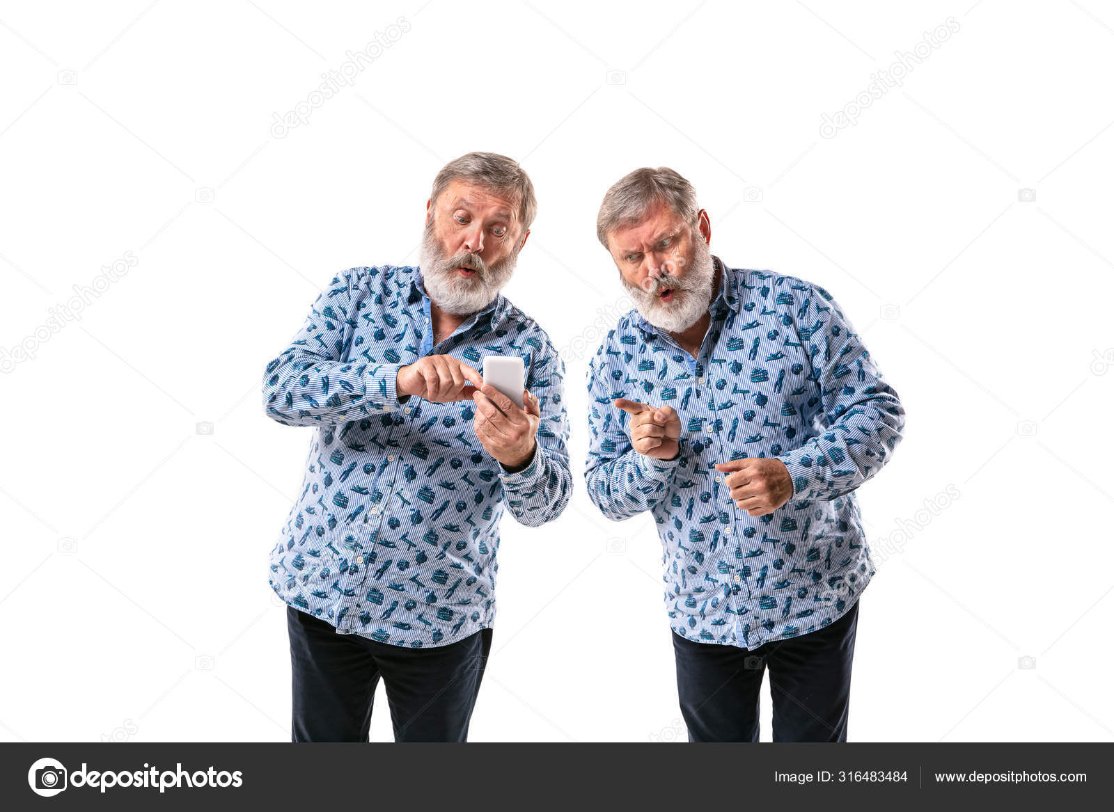 Senior man arguing with himself on white studio background. — Stock ...