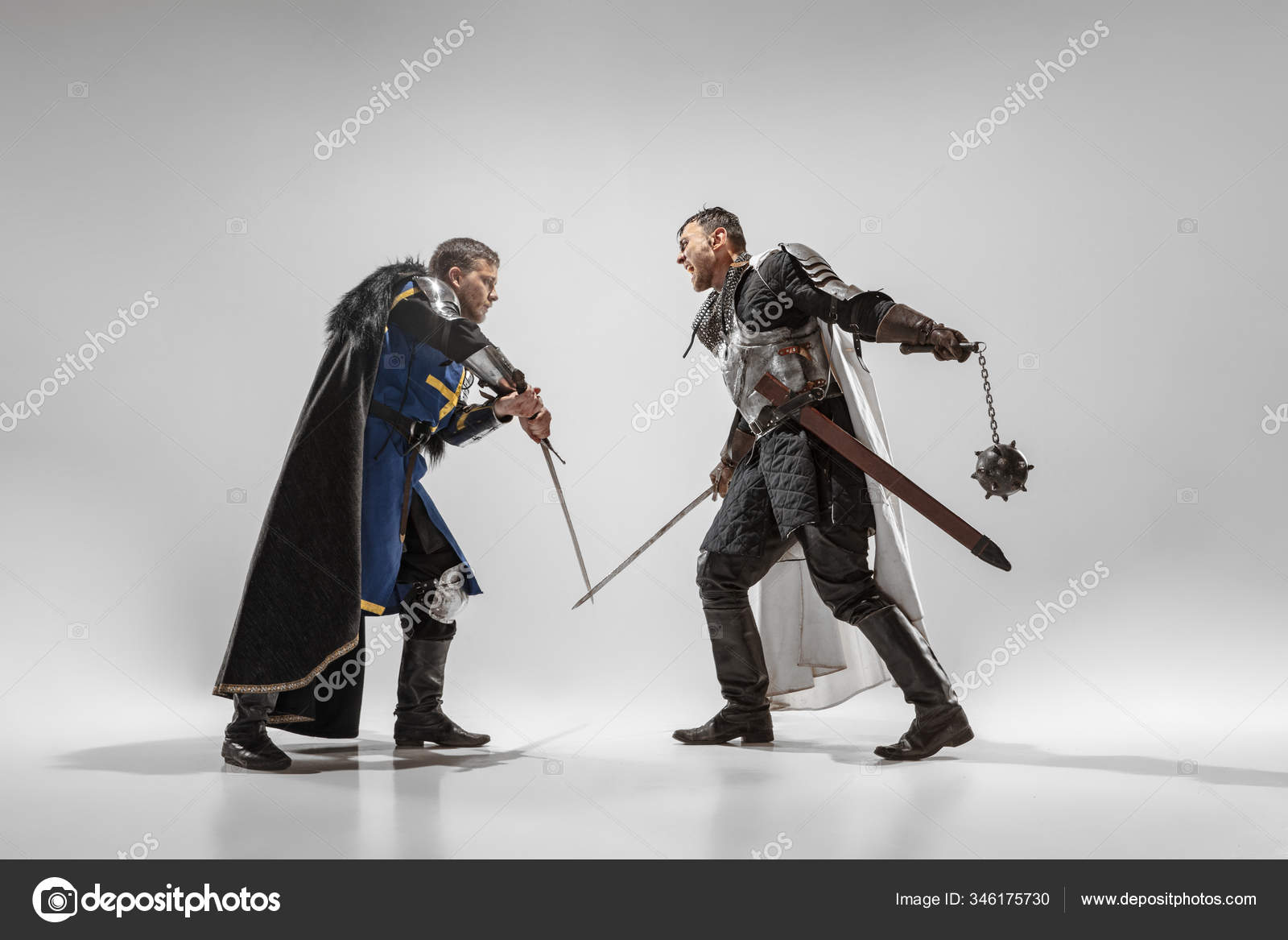 Brave armored knights fighting isolated on white studio background ...