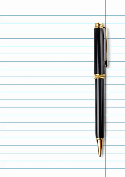 Realistic copybook page with black and gold pen. Mockup. Paper ...