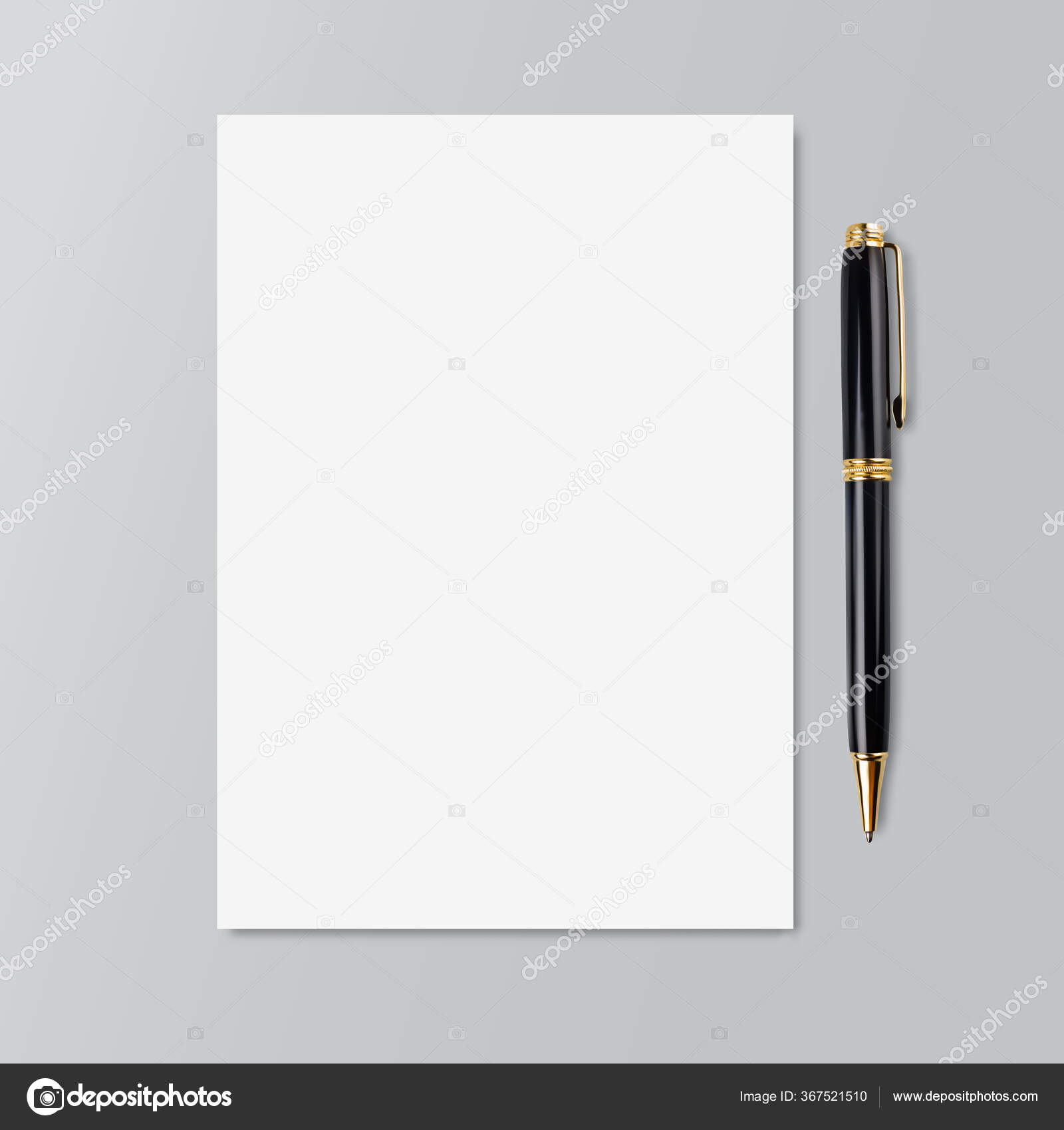 Realistic copybook page with black and gold pen. Mockup. Paper ...