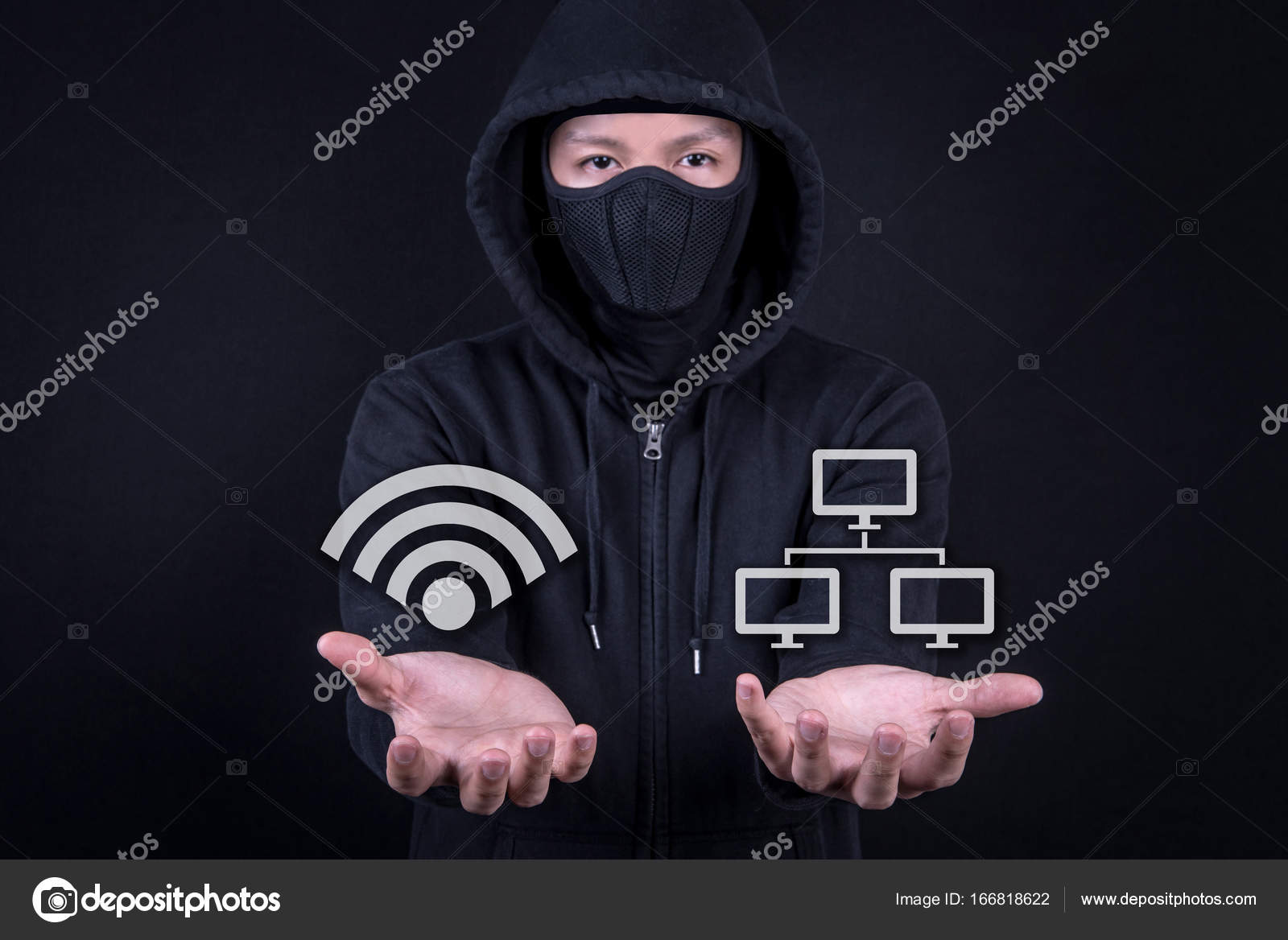 Hacker digital thief open palm gesture with wifi and network ico ...