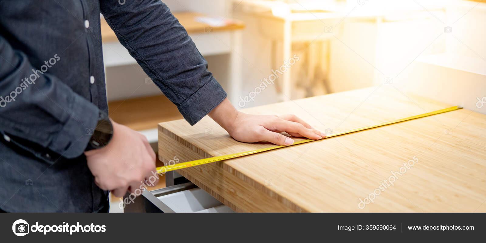 Male Hand Interior Designer Using Tape Measure Measuring Size Wooden ...