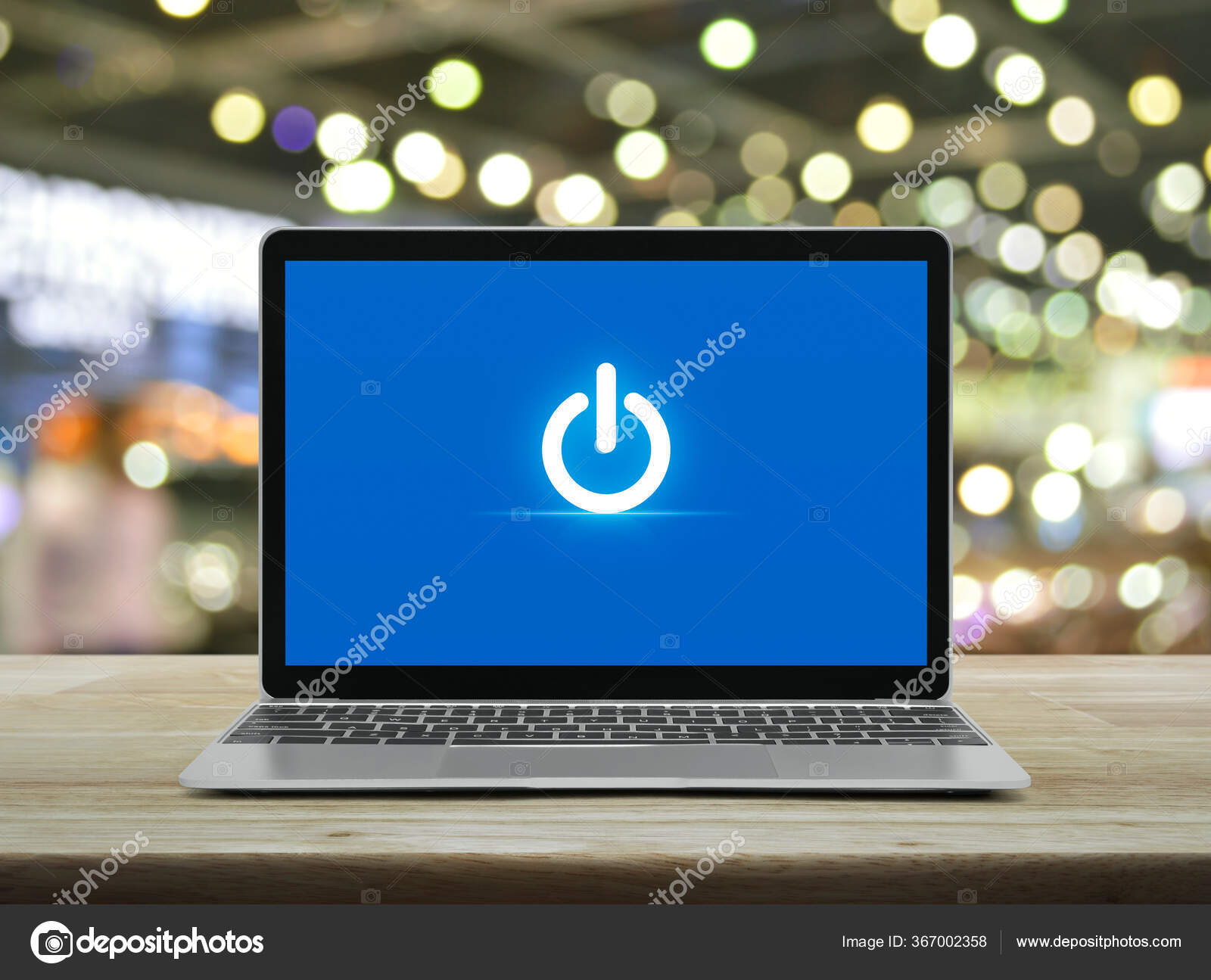 Power Button Icon Modern Laptop Computer Wooden Table Blur Light ...