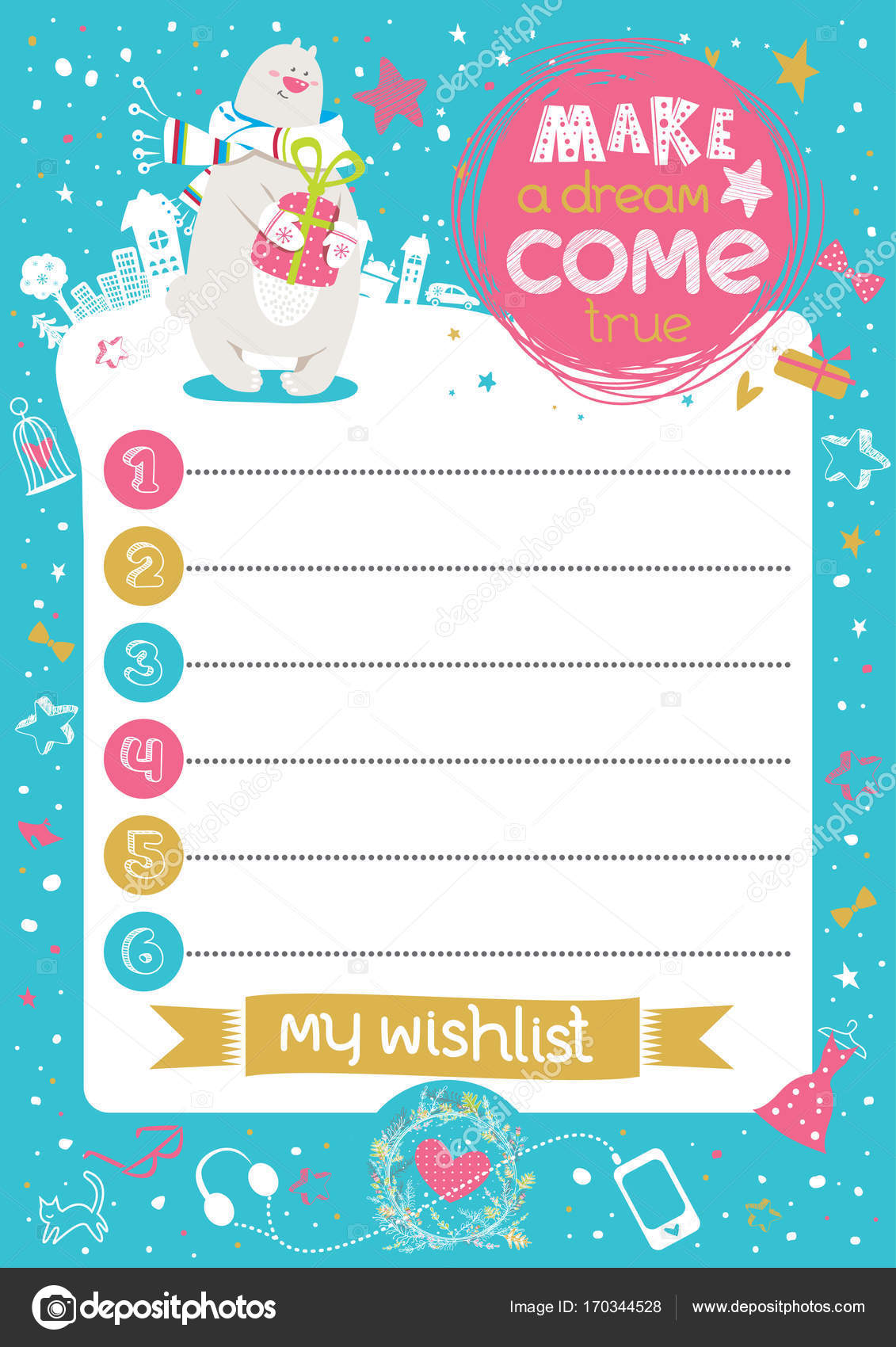 Wish list card. Hand drawn lettering "Make a dream come true" Stock ...